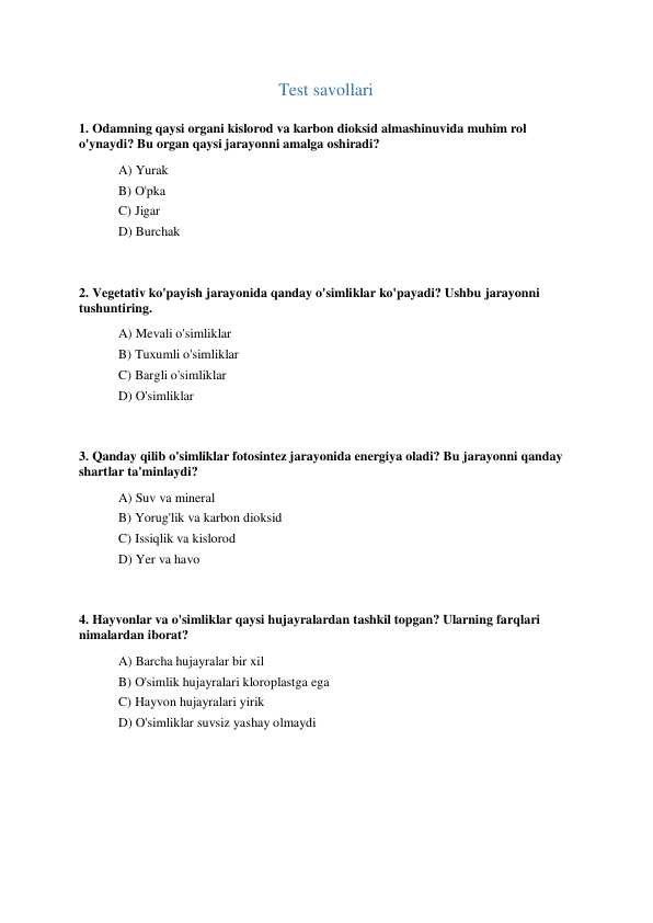Biologiya fanidan mavzulashtirilgan testlar, 6-sinf