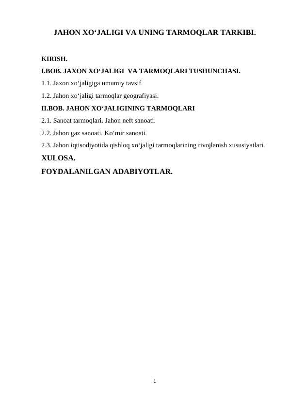 Jahon xoʻjaligi va uning tarmoqlar tarkibi