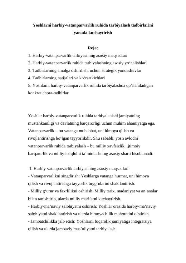 Yoshlarni harbiy-vatanparvarlik ruhida tarbiyalash tadbirlarini yanada kuchaytirish