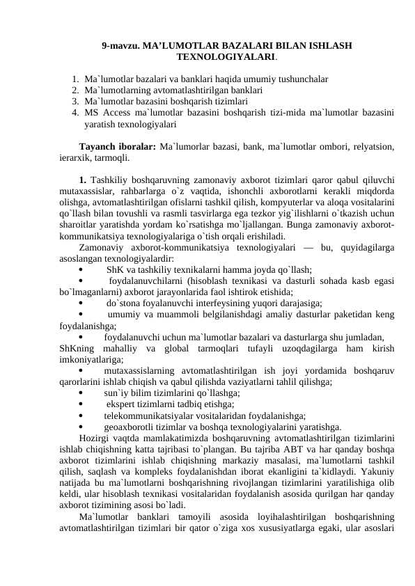 MA’LUMOTLAR BAZALARI BILAN ISHLASH TEXNOLOGIYALARI