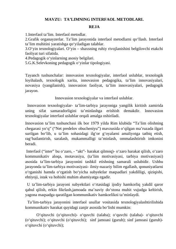 TA’LIMNING INTERFAOL METODLARI