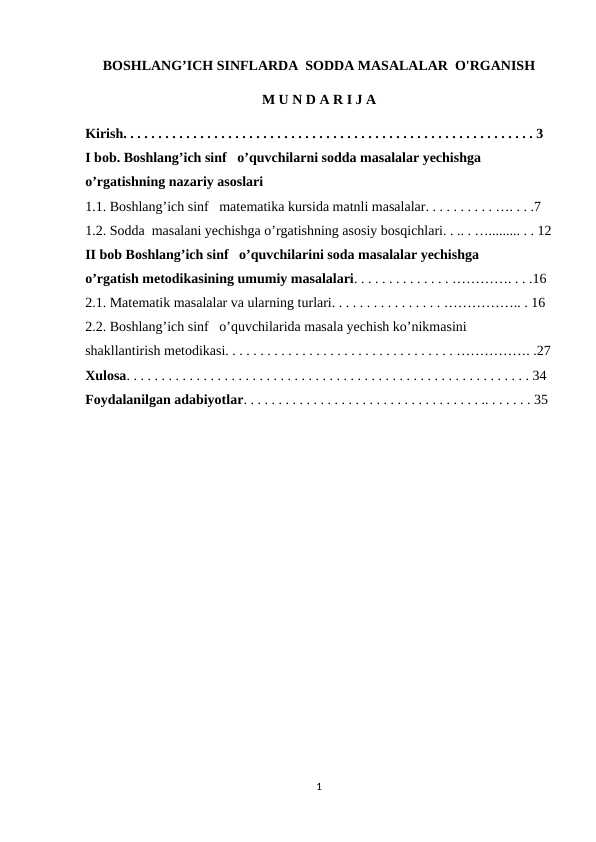 BOSHLANG’ICH SINFLARDA SODDA MASALALAR O'RGANISH