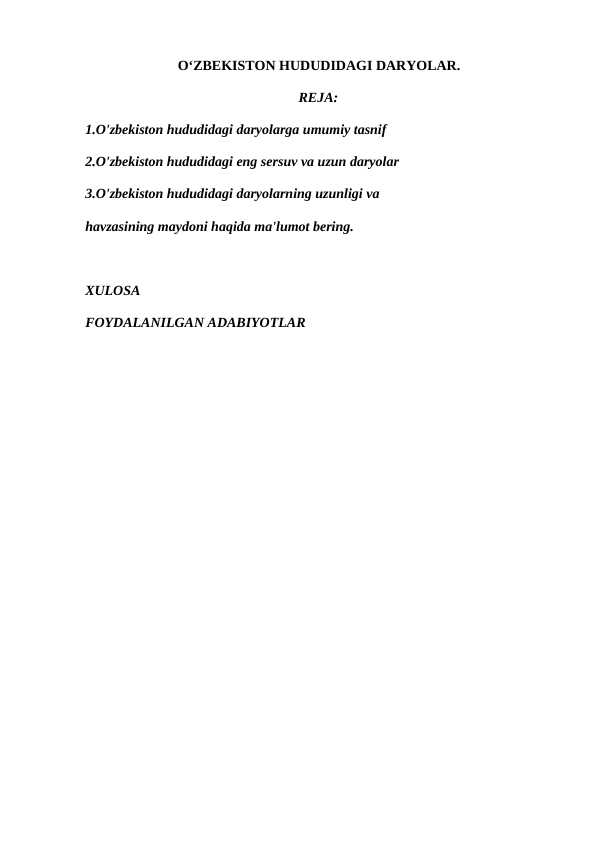 OʻZBEKISTON HUDUDIDAGI DARYOLAR.