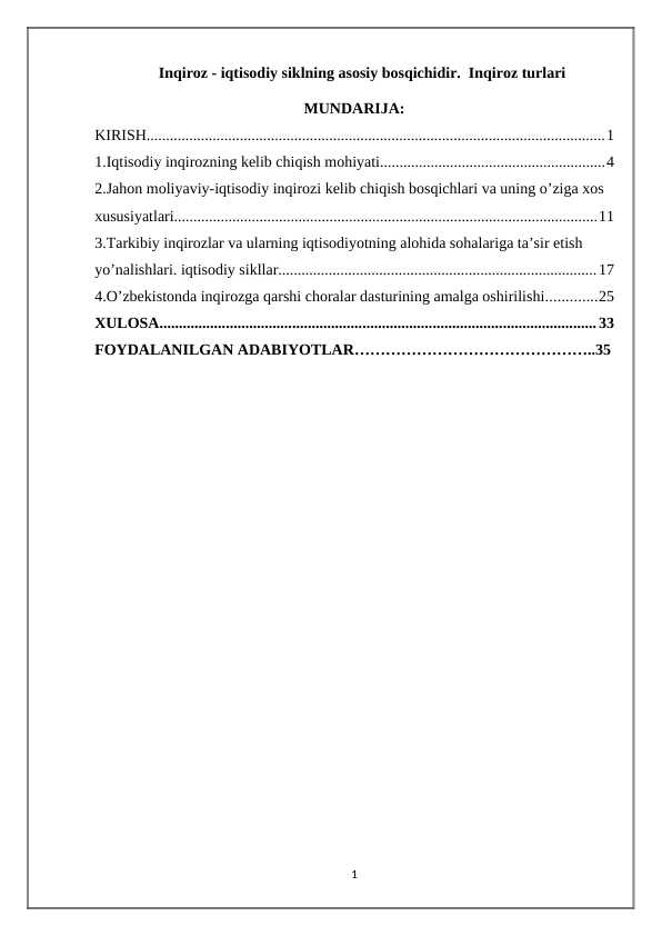 Inqiroz - iqtisodiy siklning asosiy bosqichidir. Inqiroz turlari
