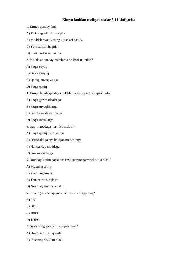 Kimyo fanidan tuzilgan testlar 5-11-sinfgacha