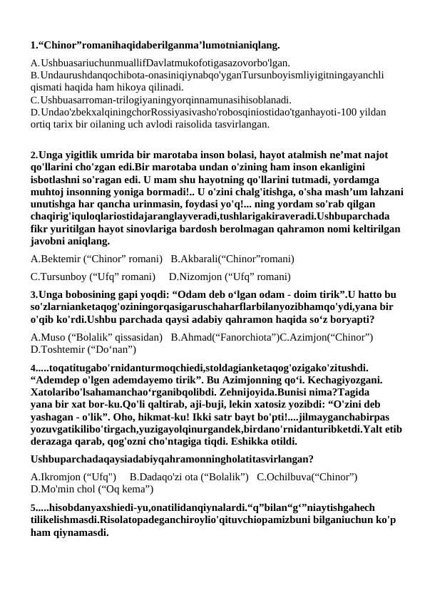 majburiy Badiiy asarlardan aralash testlar 50 ta (javobli)