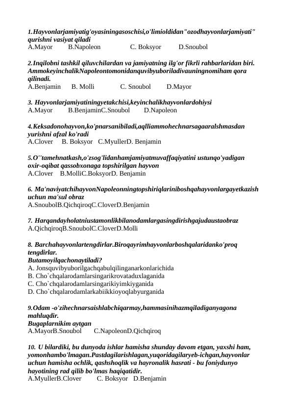 Molxona asari bo'yicha 50 ta test javobli jorj Oruel