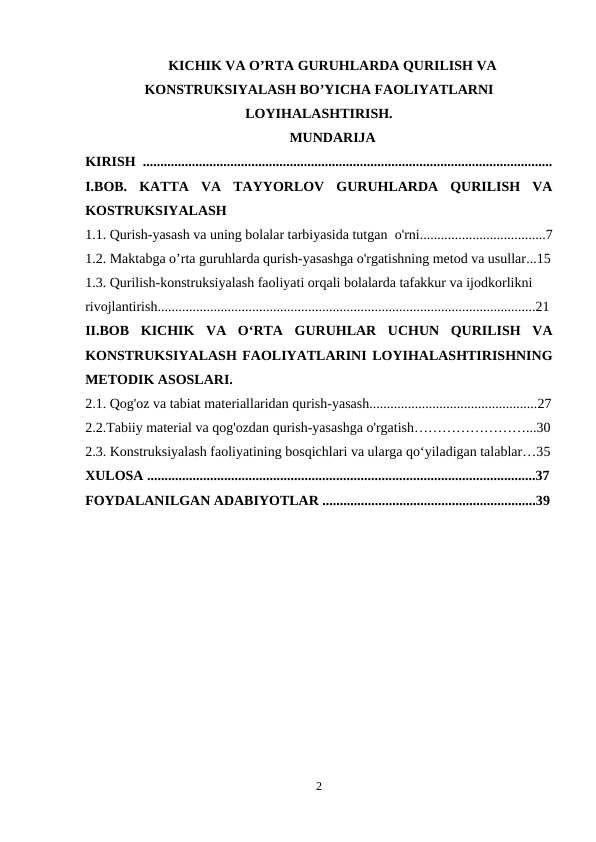 KICHIK VA O’RTA GURUHLARDA QURILISH VA KONSTRUKSIYALASH BO’YICHA ...