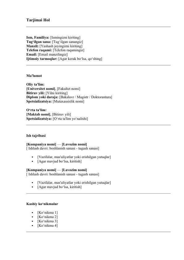 Tarjimai hol uchun namuna blanka