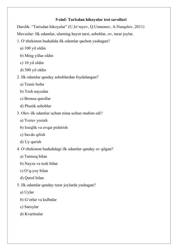 5-sinf Tarixdan test savollari