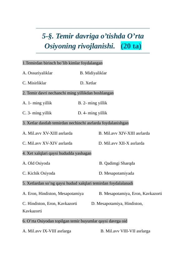 6-sinf tarix testlar javoblari bilan