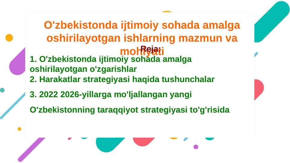 O'zbekistonda ijtimoiy sohada amalga oshirilayotgan ishlarning mazmun ...