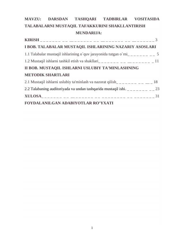 Darsdan tashqari tadbirlar vositasida talabalarni mustaqil ...