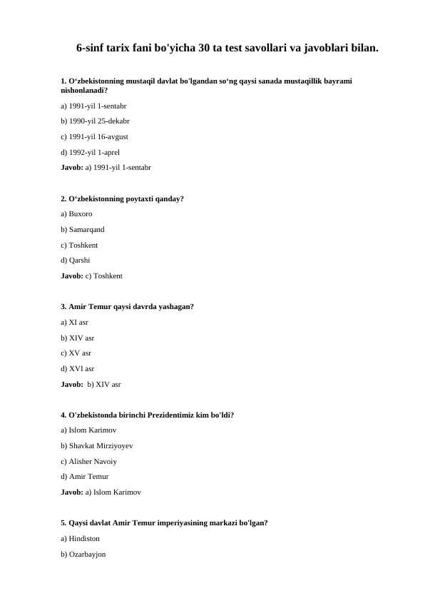 6-sinf Tarix fanidan test savollar javoblari bilan