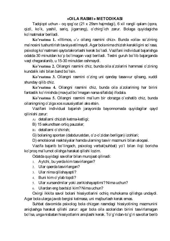 «OILA RASMI» METODIKASi