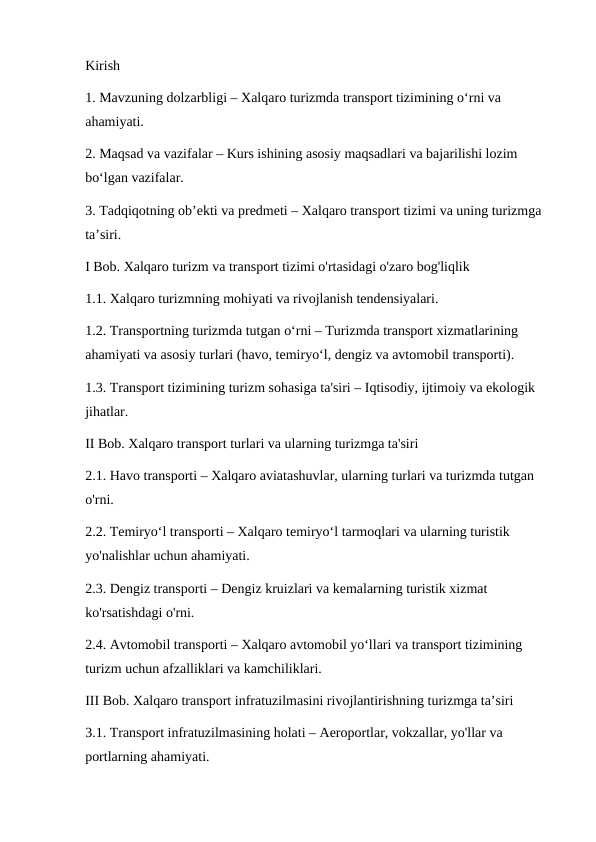 Xalqaro turizmda transport tizimining o‘rni va ahamiyati