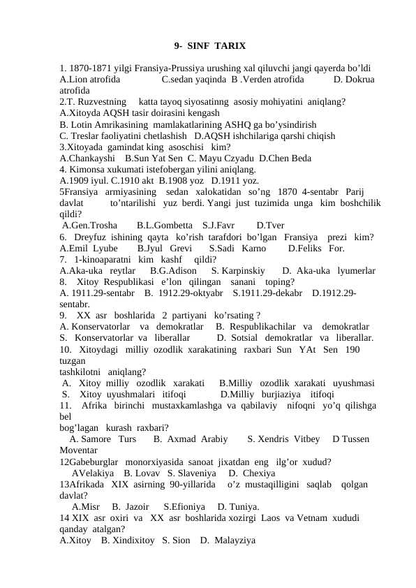 9-sinf tarix 1-4-chorak (Javoblari bilan)+