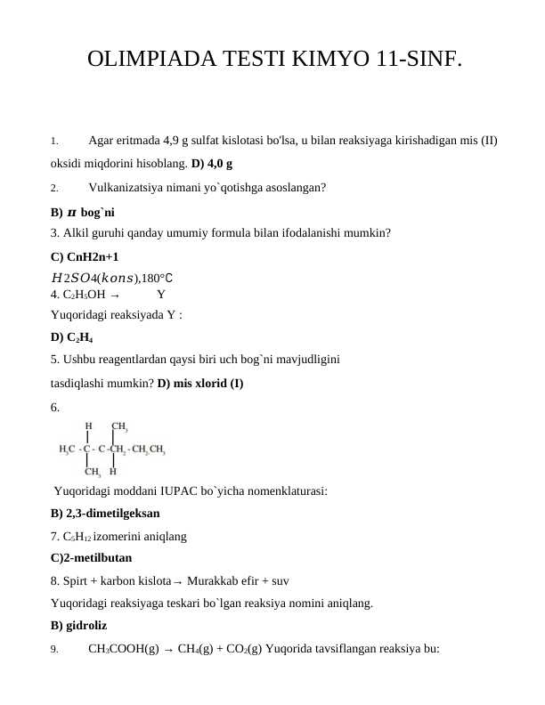 KIMYO OLIMPIADA TESTI 11-SINF.
