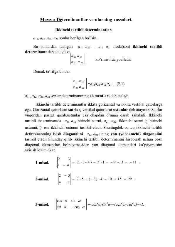 Determinantlar va ularning xossalari