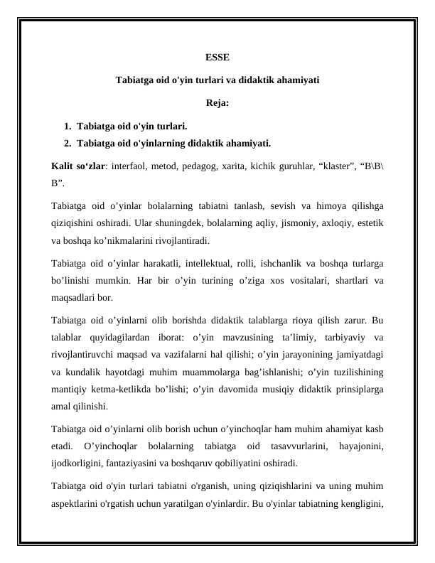 Tabiatga oid o'yin turlari va didaktik ahamiyati