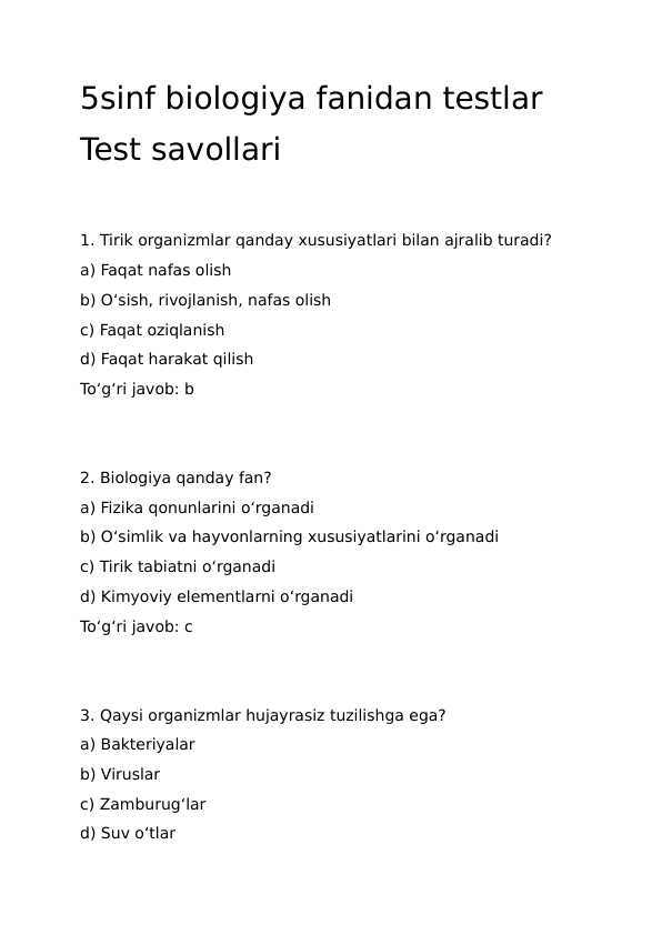 5sinf biologiya fanidan testlar
