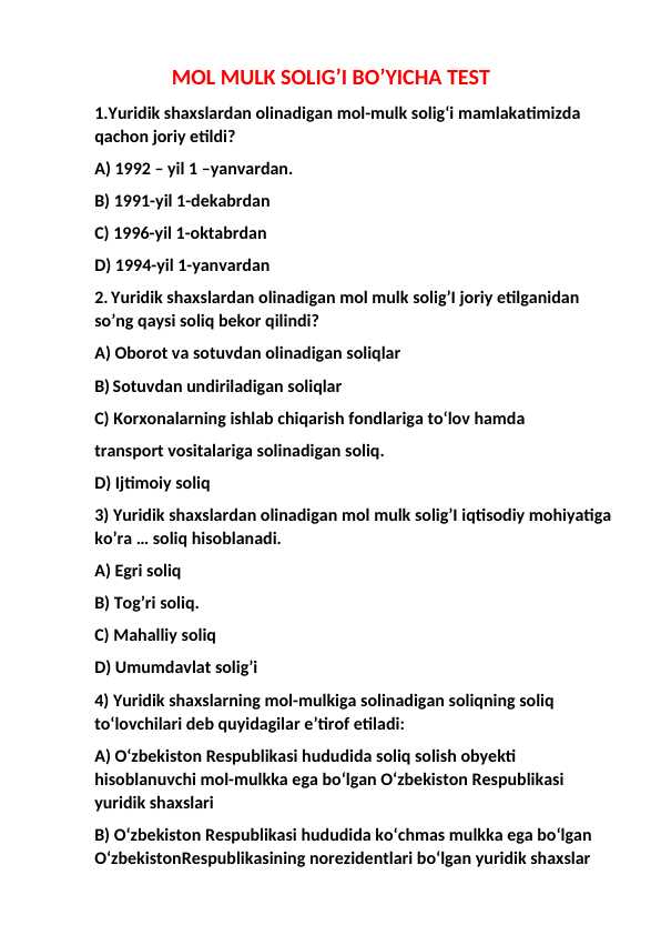 MOL MULK SOLIG’I BO’YICHA TEST
