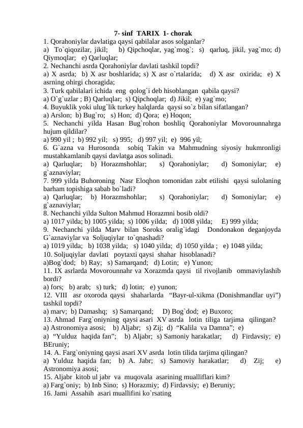 7-sinf tarix 1-4-chorak (Javoblari bilan)