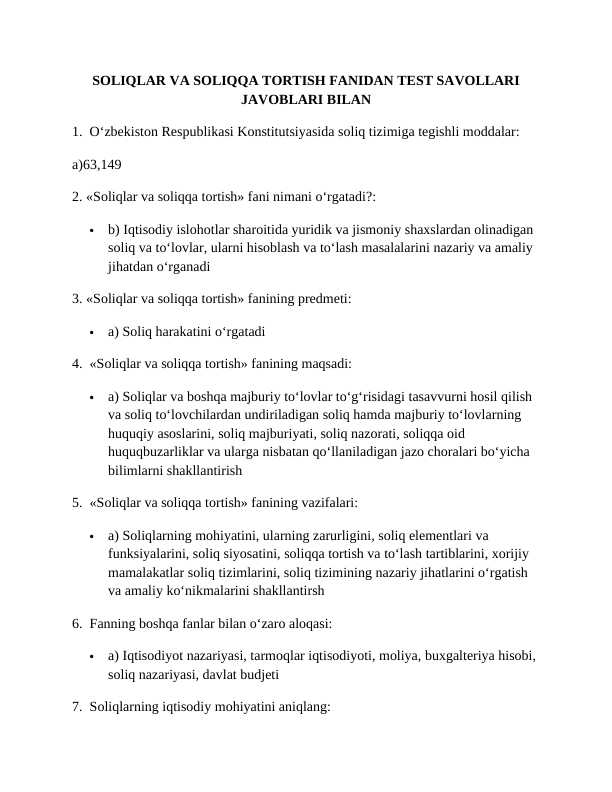 SOLIQLAR VA SOLIQQA TORTISH FANIDAN TEST SAVOLLARI JAVOBLARI BILAN