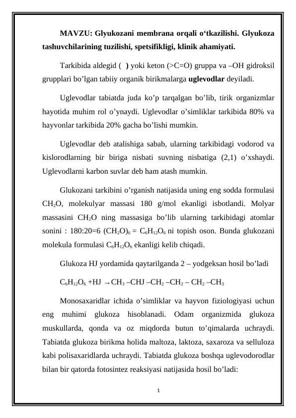 Glyukozani membrana orqali o‘tkazilishi. Glyukoza tashuvchilarining ...