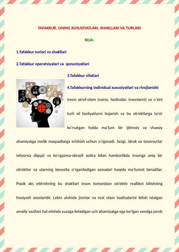 Tafakkur. Uning xususiyatlari, shakllari va turlari