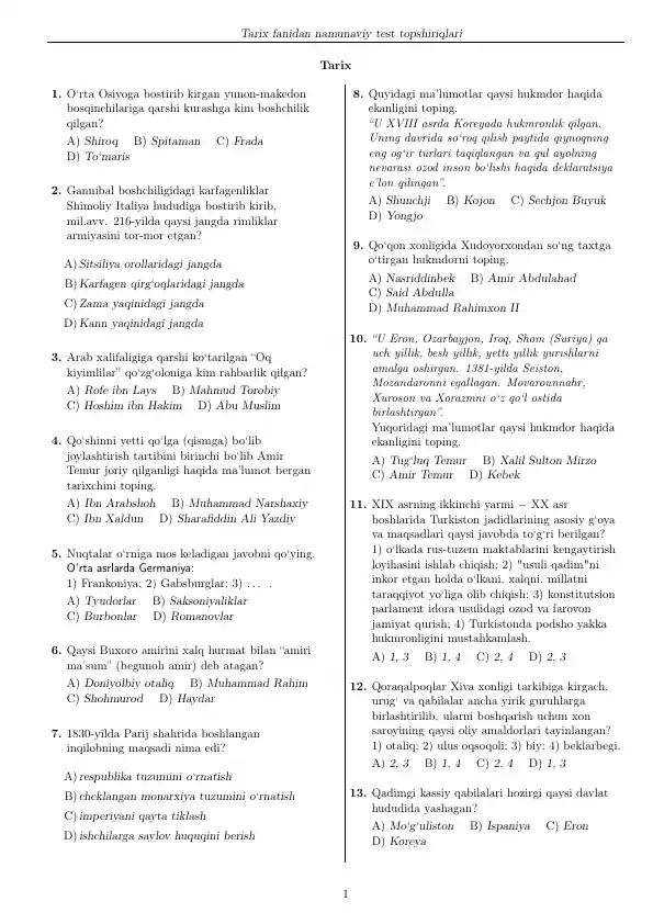 Tarix fanidan namunaviy test topshiriqlari