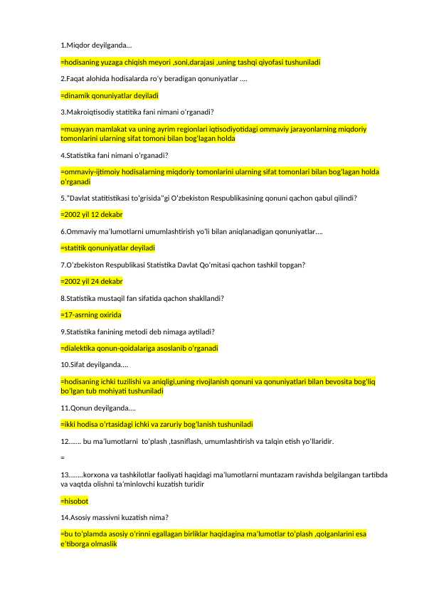 statiska fanida oraliq nazorat test savollari va javoblari docx