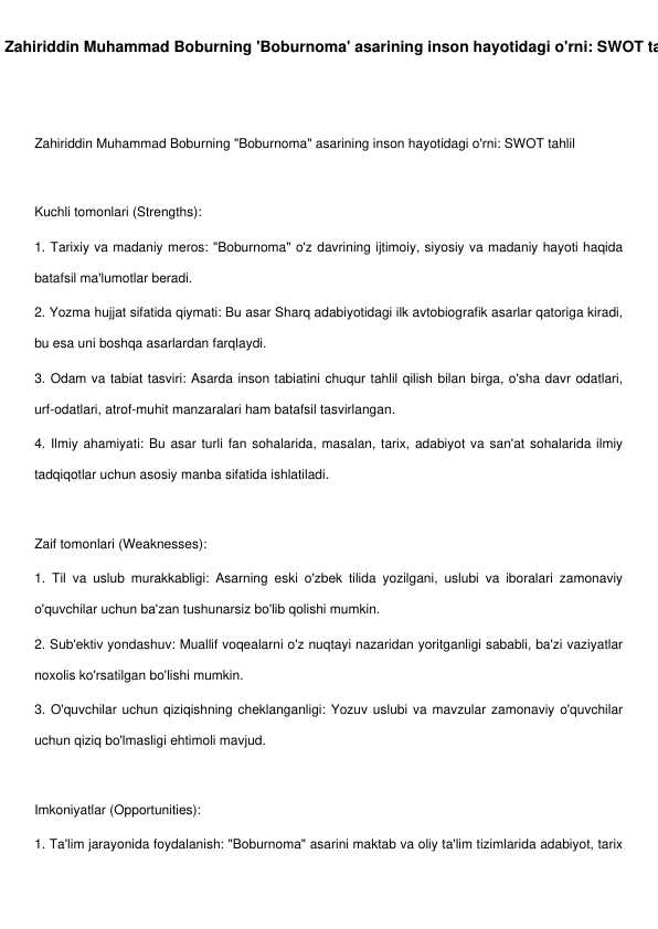 Zahiriddin Muhammad Boburning 'Boburnoma' asarining inson hayotidagi o ...