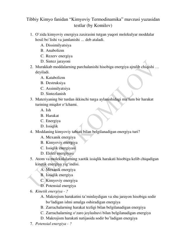 TIBBIY KIMYO FANIDAN TERMOKIMYO TEST JAVOBLARI BILAN