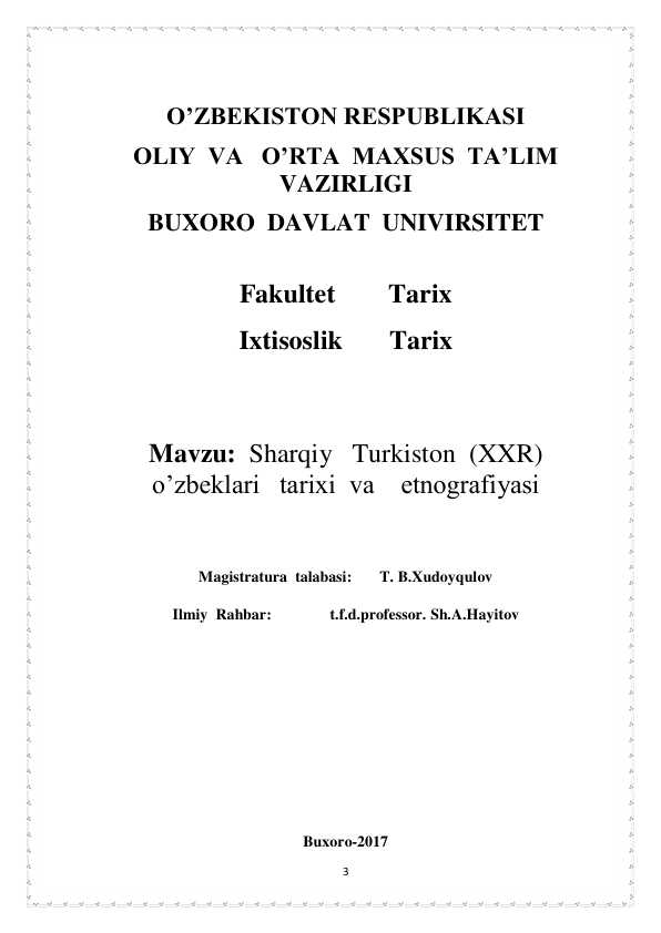 Sharqiy Turkiston (XXR) o’zbeklari tarixi va etnografiyasi