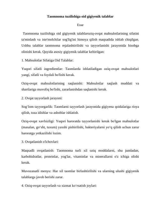 Taomnoma tuzilishiga oid gigiyenik talablar