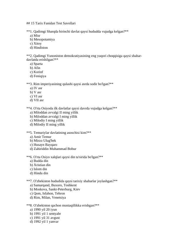 Tarix fanidan umumiy test savollari