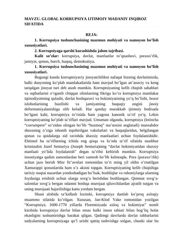 GLOBAL KORRUPSIYA IJTIMOIY MADANIY INQIROZ SIFATIDA