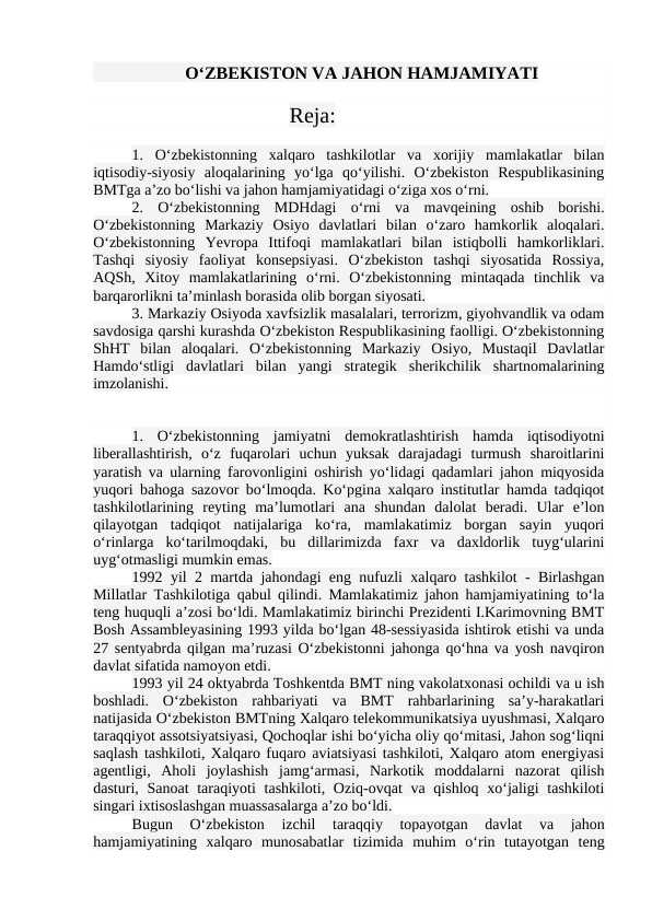O‘ZBEKISTON VA JAHON HAMJAMIYATI