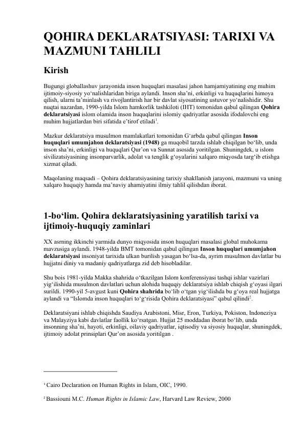 QOHIRA DEKLARATSIYASI: TARIXI VA MAZMUNI TAHLILI