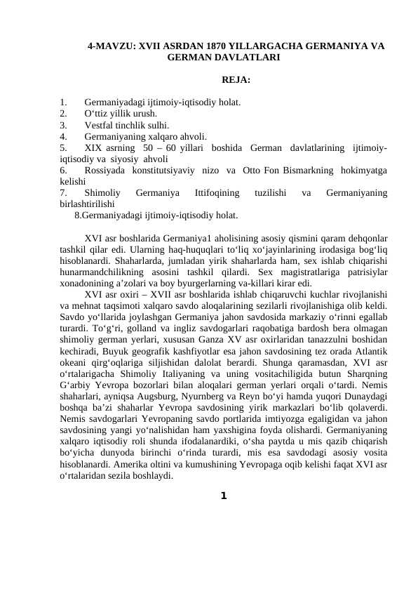 XVII ASRDAN 1870 YILLARGACHA GERMANIYA VA GERMAN DAVLATLARI