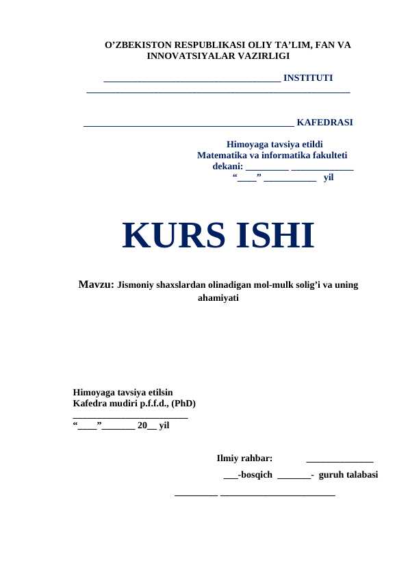 Jismoniy shaxslardan olinadigan mol-mulk solig’i va uning ahamiyati
