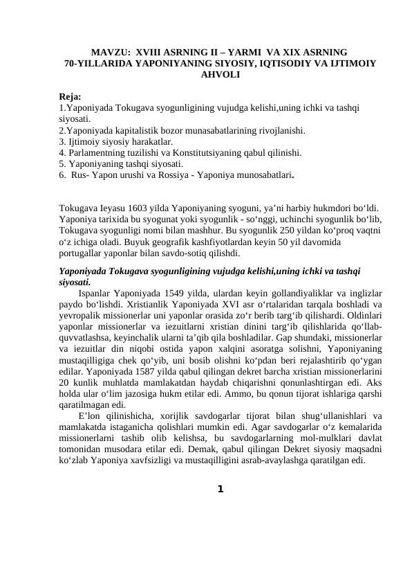 XVIII ASRNING II – YARMI VA XIX ASRNING 70-YILLARIDA YAPONIYANING ...