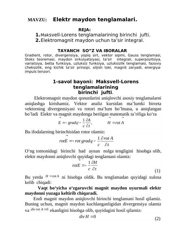 Elektr maydon tenglamalari