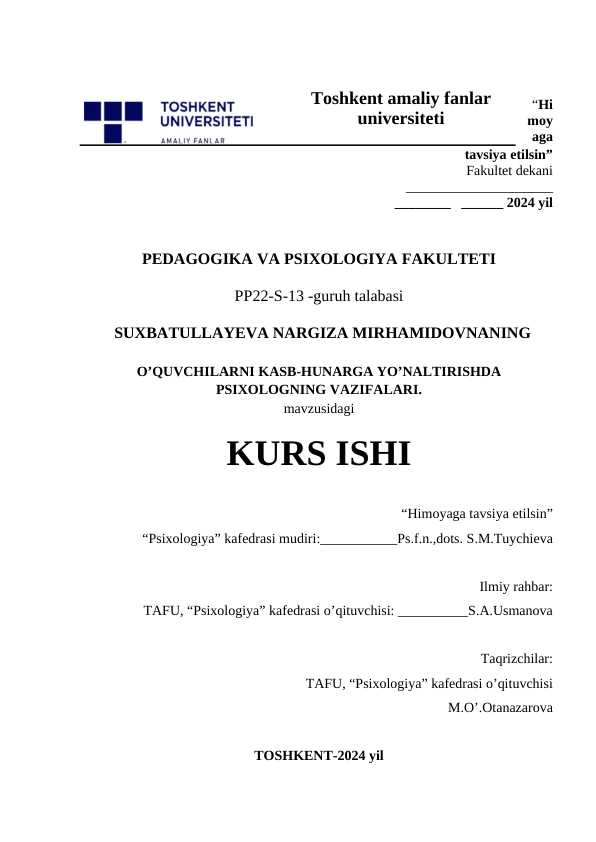 O’QUVCHILARNI KASB-HUNARGA YO’NALTIRISHDA PSIXOLOGNING VAZIFALARI
