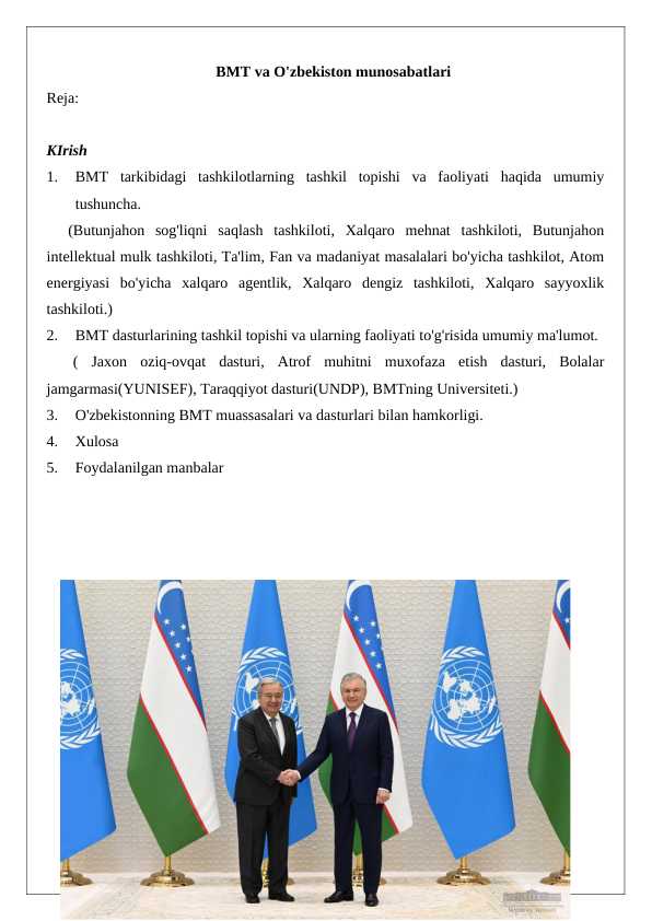 BMT va O'zbekiston munosabatlari