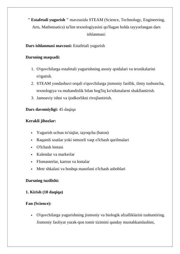 Estafetali yugurish steam dars ishlanma