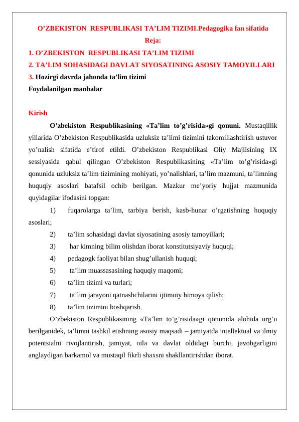 O'zbekiston Respublikasi ta'lim tizimi