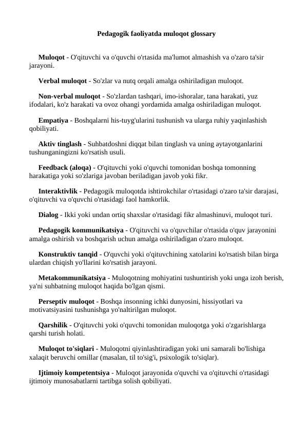 Pedagogik faoliyatda muloqot glossary