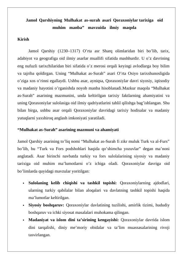 Jamol Qarshiyning Mulhakat as-surah asari Qoraxoniylar tarixiga oid ...
